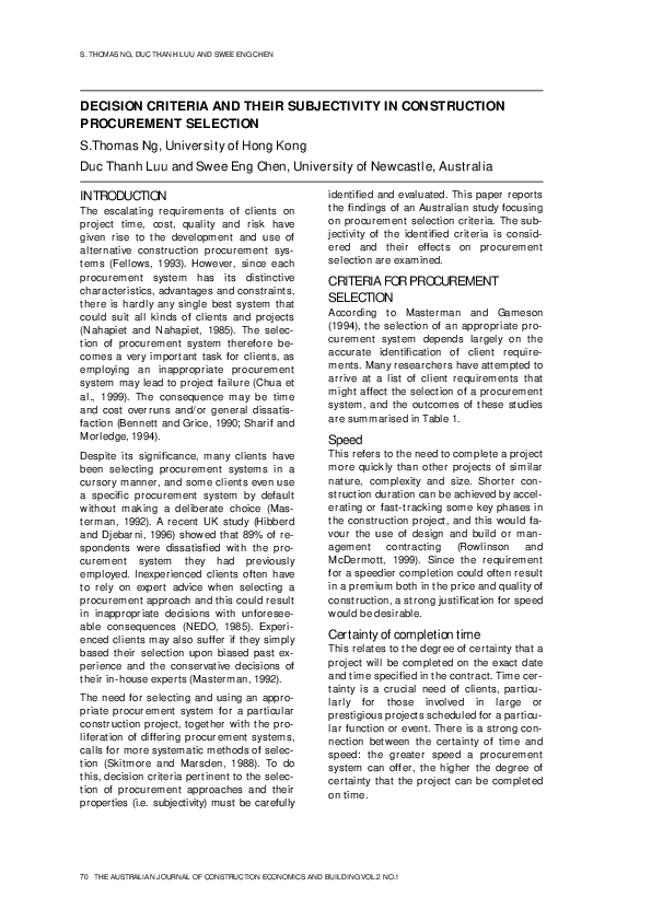 (PDF) Decision Criteria and Their Subjectivity in Construction Procurement Selection