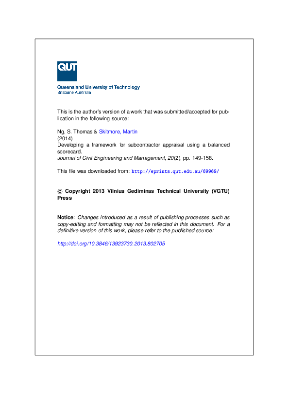 (PDF) Developing a Framework for Subcontractor Appraisal Using a ...