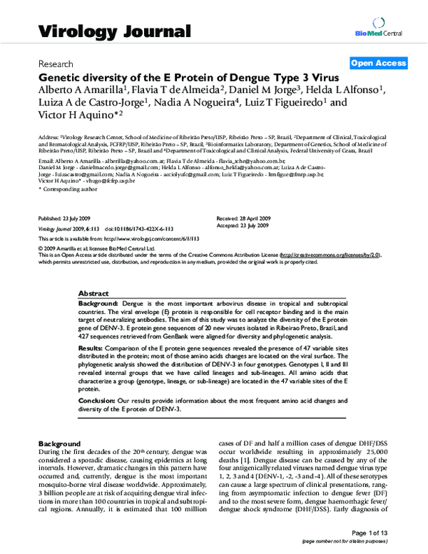 (PDF) Genetic diversity of the E Protein of Dengue Type 3 Virus