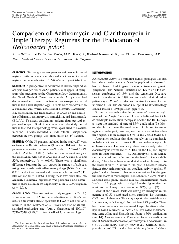 (PDF) Comparison of azithromycin and clarithromycin in triple therapy ...
