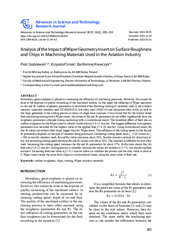 (PDF) Analysis of the Impact of Wiper Geometry Insert on Surface ...