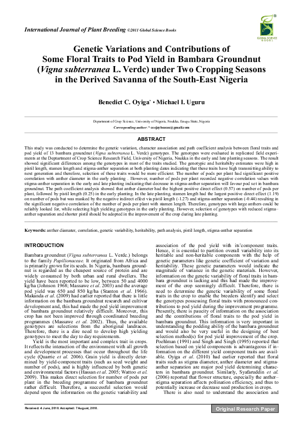 (PDF) Genetic Variations and Contributions of Some Floral Traits to Pod Yield in Bambara ...