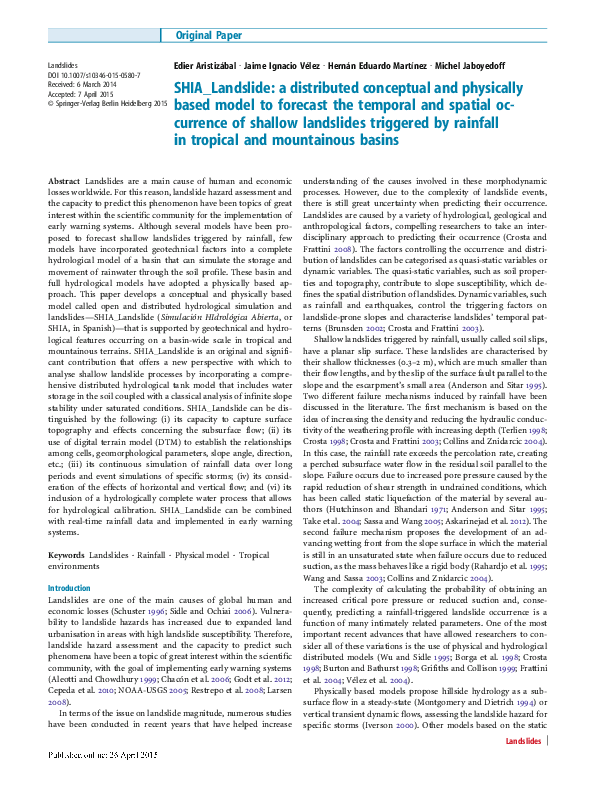 (PDF) SHIA_Landslide: a distributed conceptual and physically based model to forecast the ...