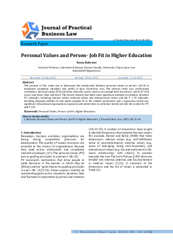 (PDF) Personal Values and Person-Job Fit in Higher Education