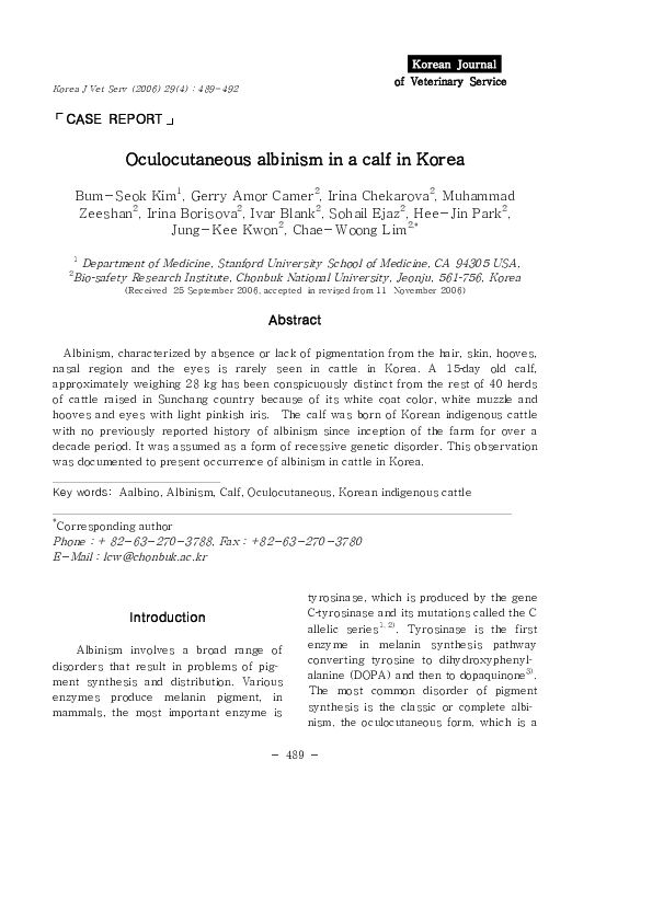 (PDF) Oculocutaneous albinism in a calf in Korea