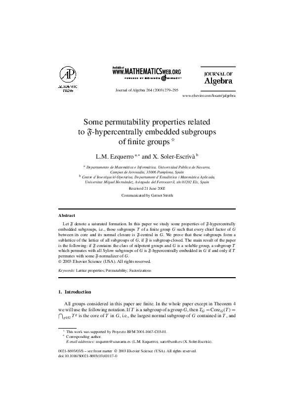 (PDF) Some permutability properties related to -hypercentrally embedded subgroups of finite ...