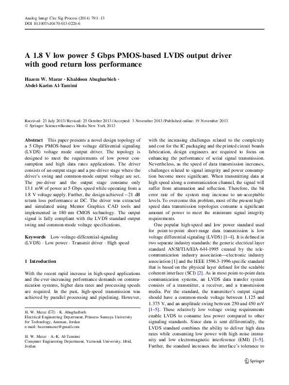 Pdf A 18 V Low Power 5 Gbps Pmos Based Lvds Output Driver With Good Return Loss Performance