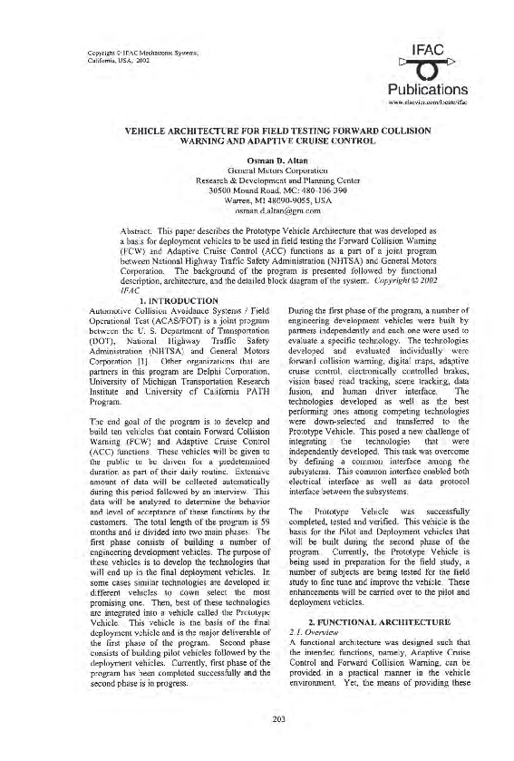 Pdf Vehicle Architecture For Field Testing Forward Collision Warning And Adaptive Cruise Control