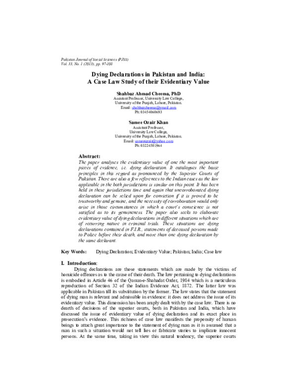 (PDF) Dying Declarations in Pakistan and India: A Case Law Study of their Evidentiary Value