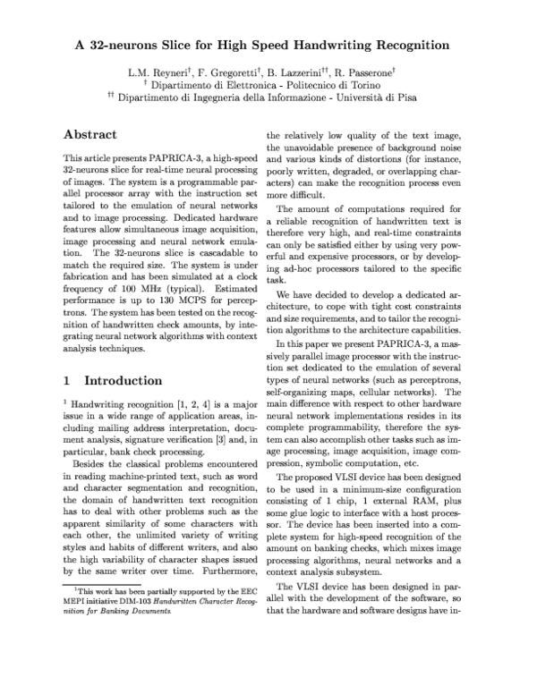 (PDF) A 32-neurons Slice for High Speed Handwriting Recognition