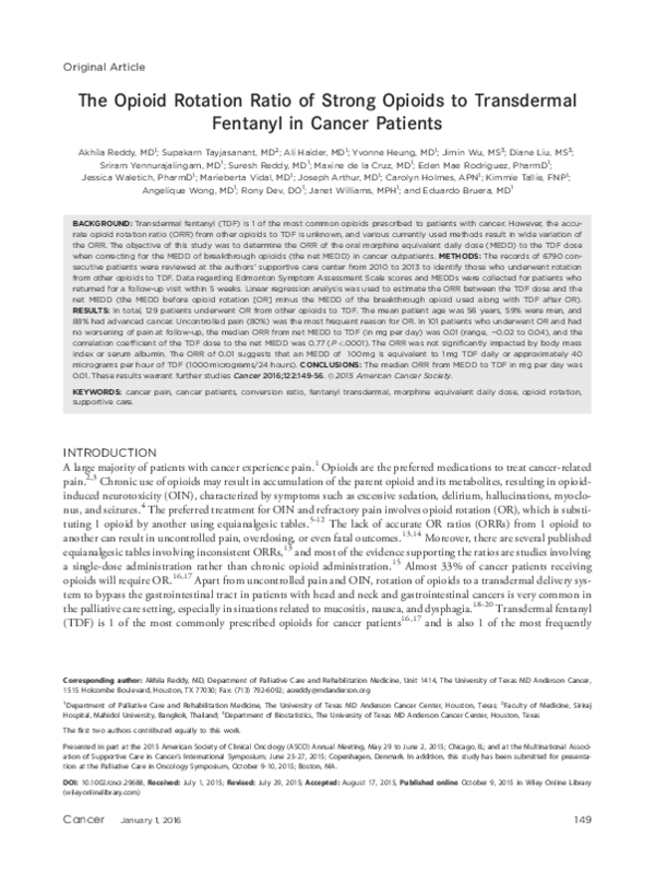 (PDF) Opioid Rotation Ratio from Morphine to Transdermal Fentanyl