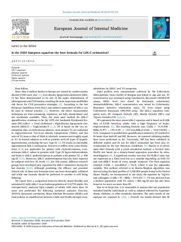 (PDF) Is the 2020 Sampson equation the best formula for LDL-C estimation?
