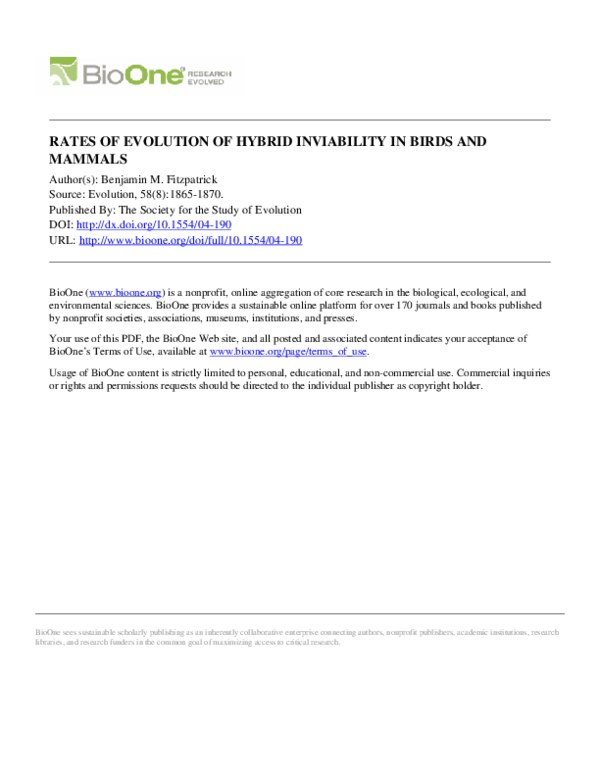 (PDF) Rates of Evolution of Hybrid Inviability in Birds and Mammals
