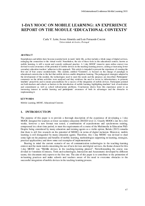 (PDF) 1-Day MOOC on Mobile Learning: An Experience Report on the Module 'Educational Contexts