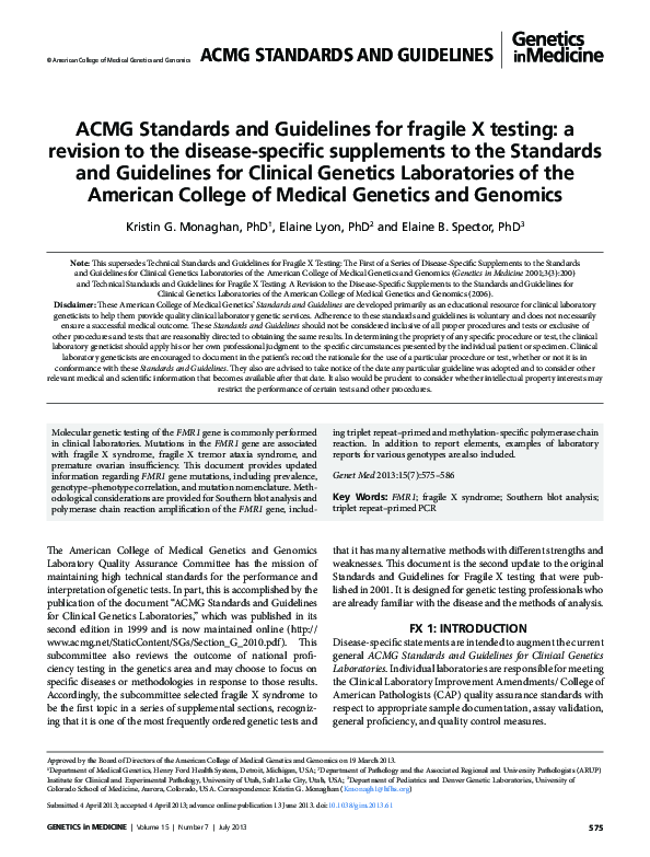 Pdf Acmg Standards And Guidelines For Fragile X Testing A Revision