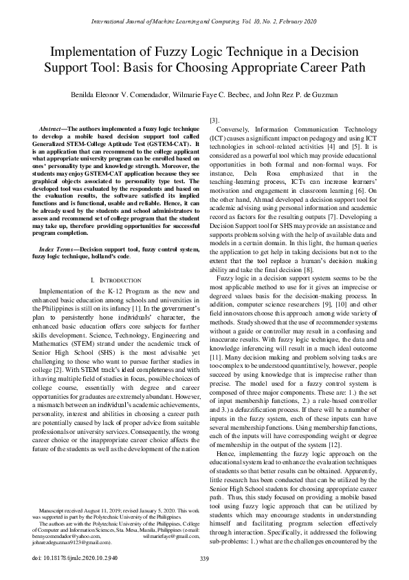 (PDF) Implementation of Fuzzy Logic Technique in a Decision Support Tool: Basis for Choosing ...