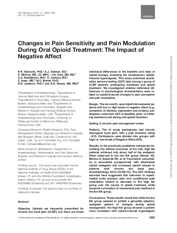 (PDF) Changes in Pain Sensitivity and Pain Modulation During Oral ...