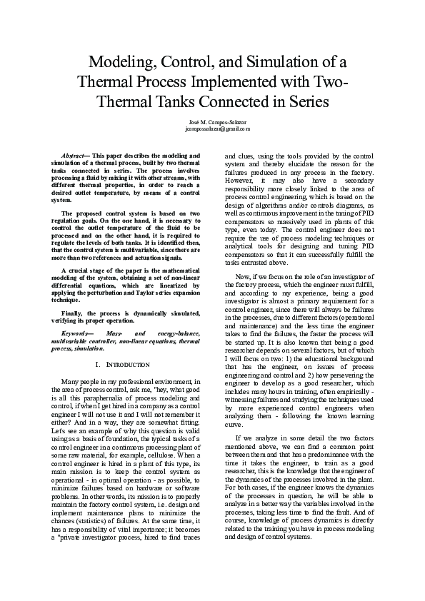 Pdf Modeling Control And Simulation Of A Thermal Process Implemented With Two Thermal Tanks