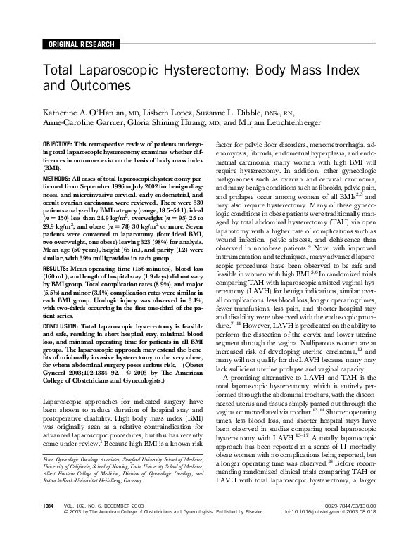 (PDF) Total laparoscopic hysterectomy: body mass index and outcomes