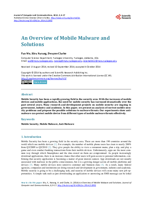(PDF) An Overview of Mobile Malware and Solutions