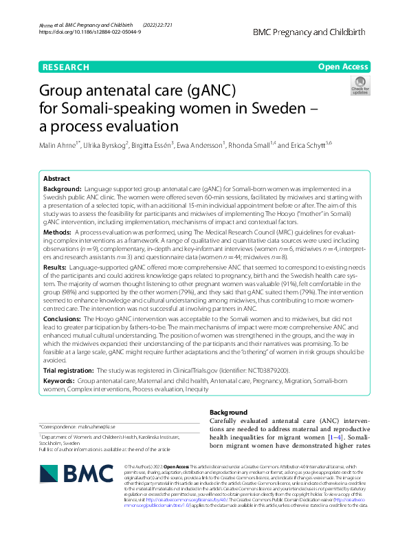 (PDF) Group antenatal care (gANC) for Somali-speaking women in Sweden ...