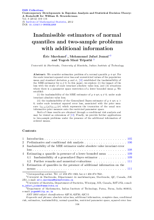 (PDF) Inadmissible estimators of normal quantiles and two-sample problems with additional ...