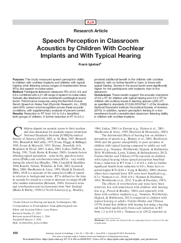 (PDF) Speech Perception in Classroom Acoustics by Children With Cochlear Implants and With ...