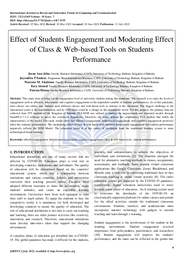(PDF) Effect of Students Engagement and Moderating Effect of Class ...