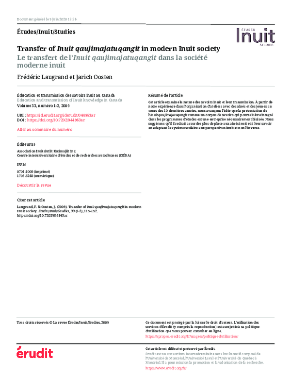 (PDF) Transfer of Inuit qaujimajatuqangit in modern Inuit society