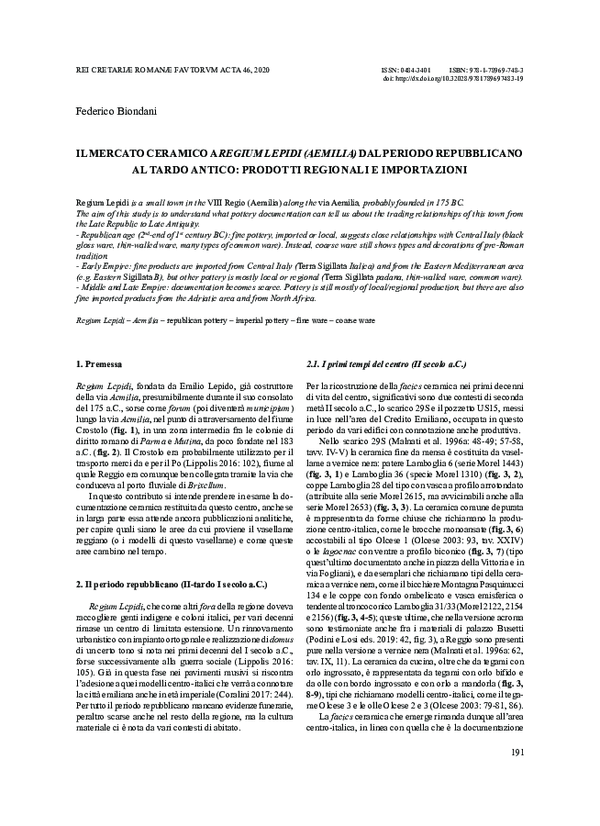 (PDF) Il mercato ceramico a Regium Lepidi (Aemilia) dal periodo ...