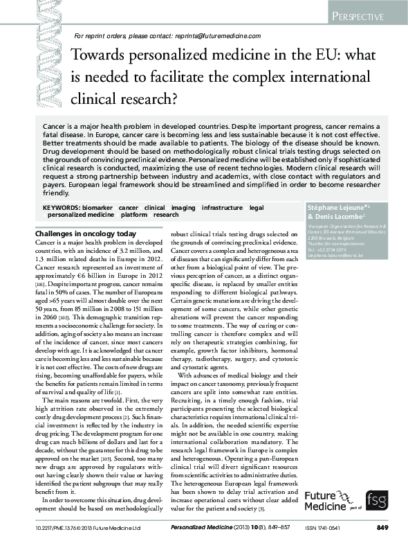 (PDF) Towards personalized medicine in the EU: what is needed to ...