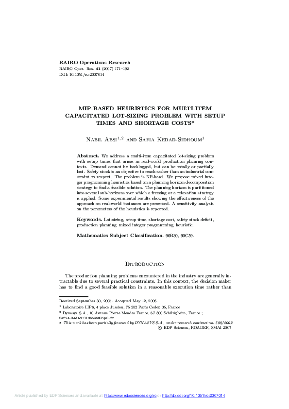 Pdf Mip Based Heuristics For Multi Item Capacitated Lot Sizing Problem With Setup Times And