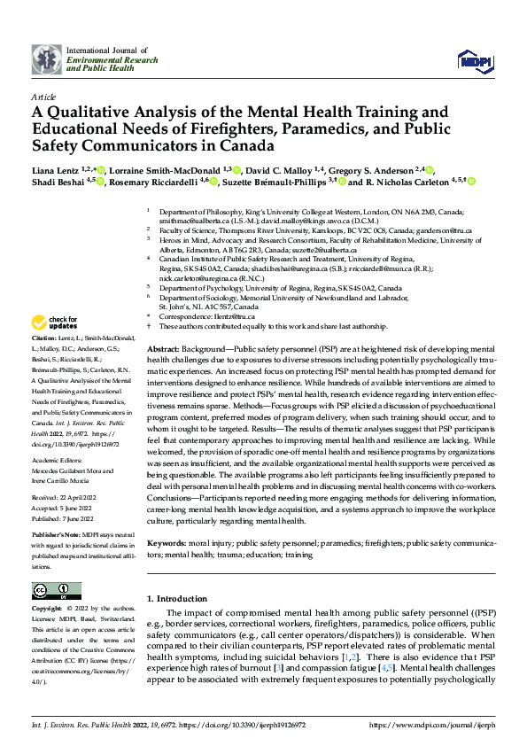 (PDF) A Qualitative Analysis of the Mental Health Training and Educational Needs of Firefighters ...