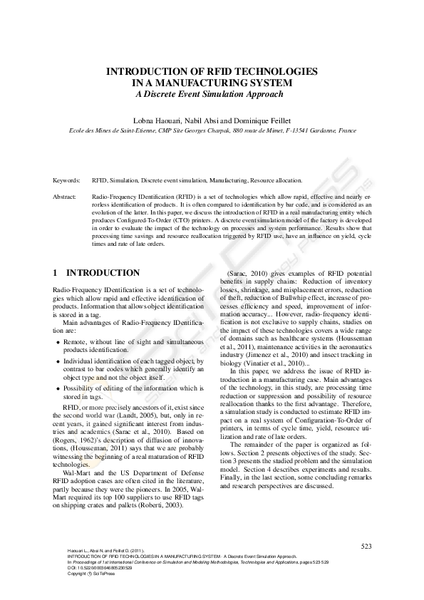 (PDF) INTRODUCTION OF RFID TECHNOLOGIES IN A MANUFACTURING SYSTEM - A Discrete Event Simulation ...