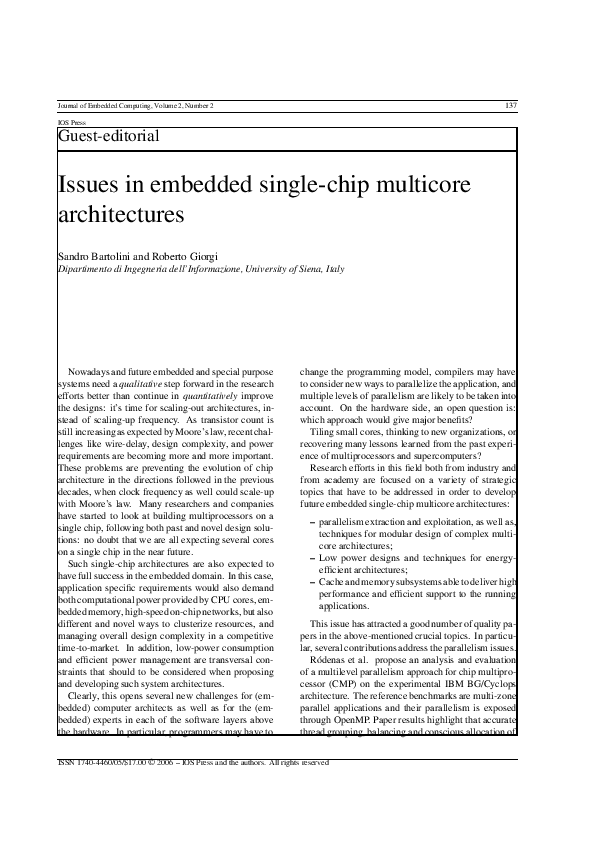 Pdf Issues In Embedded Single Chip Multicore Architectures Roberto Giorgi
