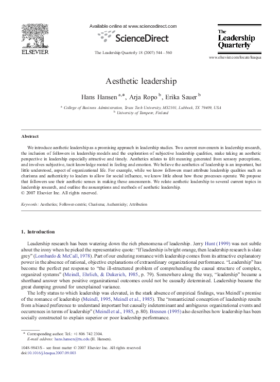 (PDF) Aesthetic Leadership: Exploring Sensory Perceptions in Leadership
