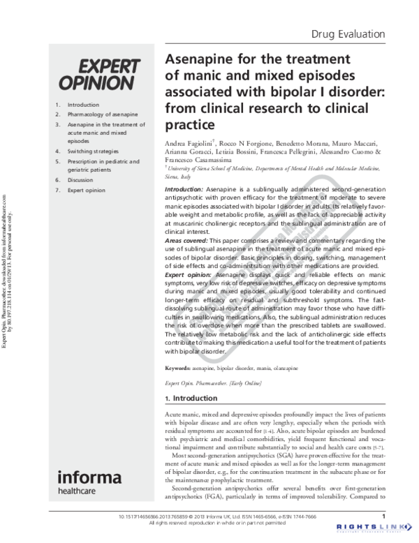 (PDF) Asenapine for the treatment of manic and mixed episodes ...
