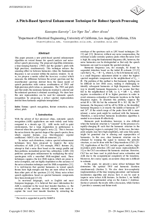 (PDF) A pitch-based spectral enhancement technique for robust speech processing