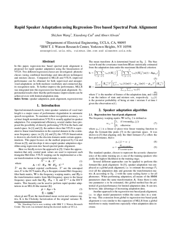 (PDF) Rapid speaker adaptation using regression-tree based spectral peak alignment