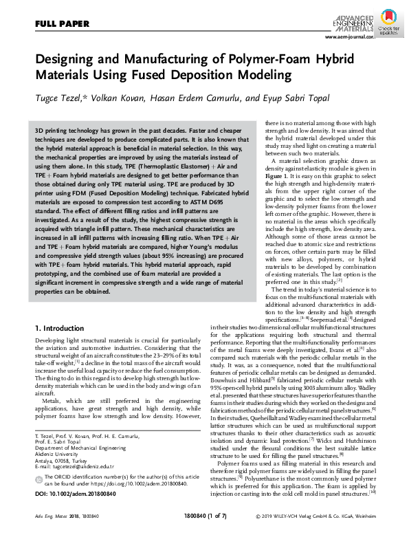 (PDF) Designing and Manufacturing of Polymer‐Foam Hybrid Materials Using Fused Deposition ...