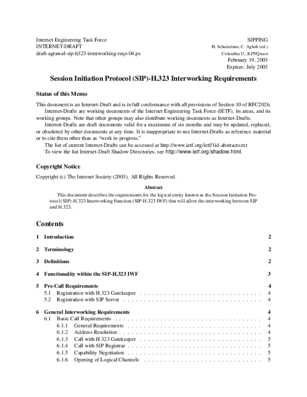 (PDF) Session Initiation Protocol (SIP)-H.323 Interworking Requirements