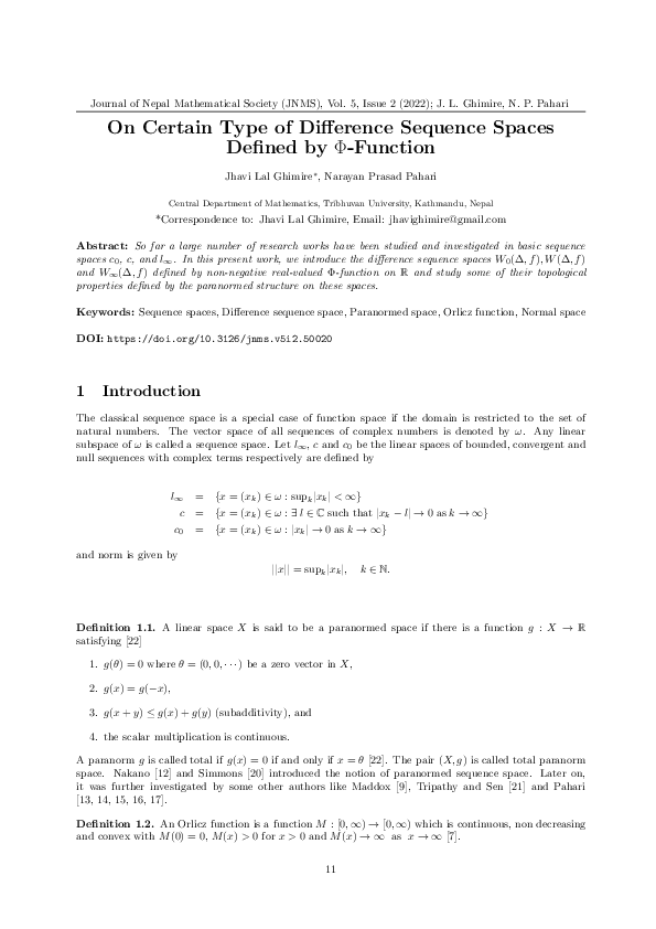 (PDF) On Certain Type of Difference Sequence Spaces Defined by Φ-Function
