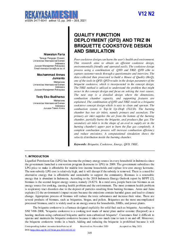 (PDF) Quality Function Deployment (QFD) and TRIZ in Briquette Cookstove Design and Simulation
