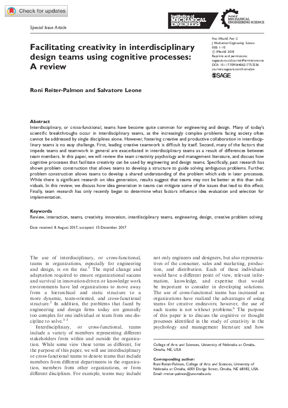 (PDF) Facilitating creativity in interdisciplinary design teams using cognitive processes: A review