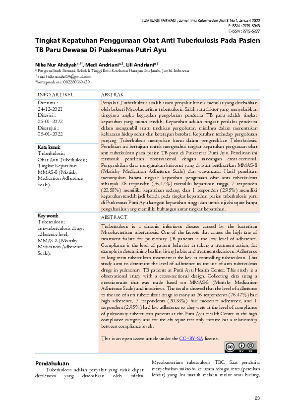 (PDF) Tingkat Kepatuhan Penggunaan Obat Anti Tuberkulosis Pada Pasien ...