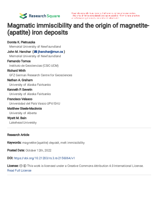 (PDF) Magmatic immiscibility and the origin of magnetite-(apatite) iron ...