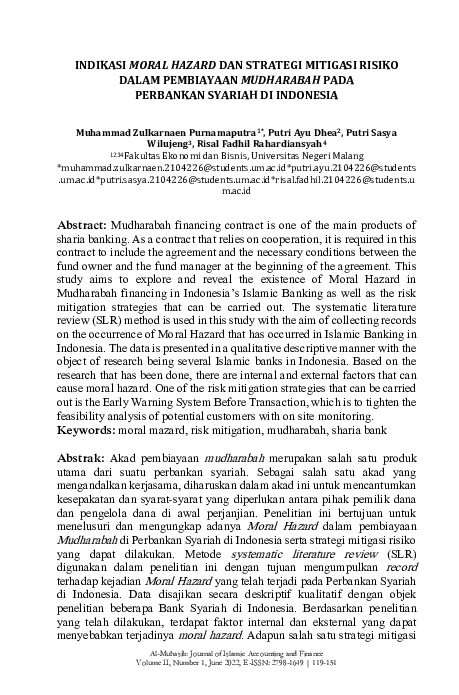 (PDF) INDIKASI MORAL HAZARD DAN STRATEGI MITIGASI RISIKO DALAM PEMBIAYAAN MUDHARABAH PADA ...
