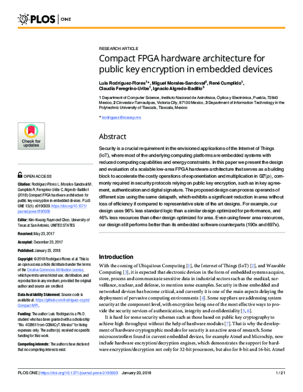 Pdf Compact Fpga Hardware Architecture For Public Key Encryption In Embedded Devices Claudia