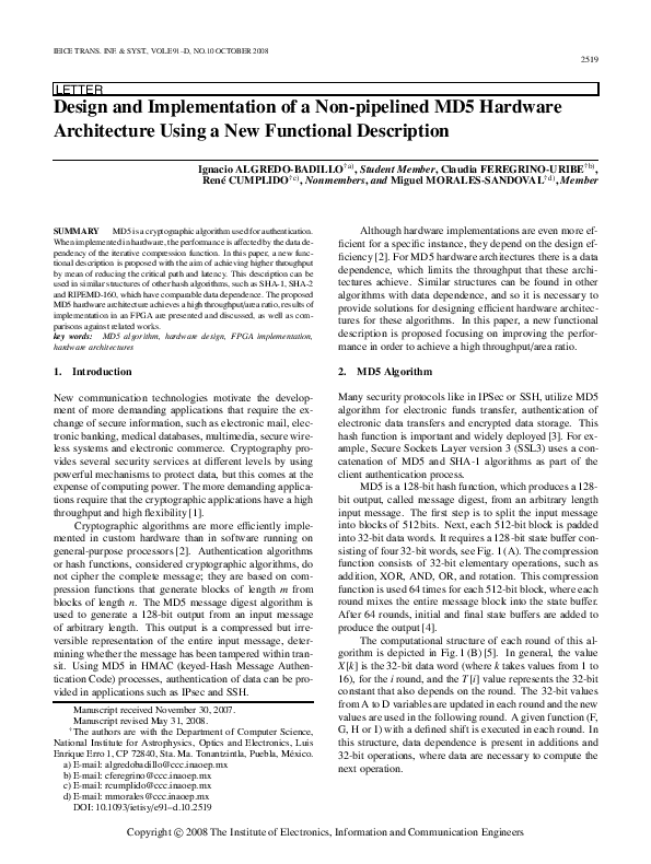 (PDF) Design and Implementation of a Non-pipelined MD5 Hardware Architecture Using a New ...