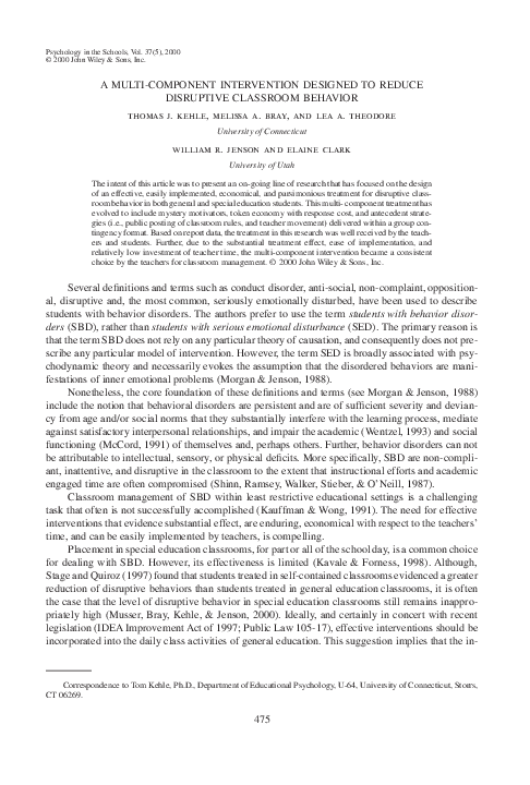 (PDF) A Multi-Component intervention designed to reduce disruptive classroom behavior